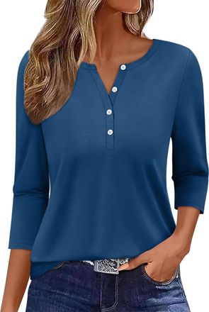 Onsoyours Shirt Damen 3/4 Arm Tshirt V-Ausschnitt Knopfleiste Pullover Sommer Herbst Oberteile Einfarbig Tops Basic Shirt A Dunkelblau XL