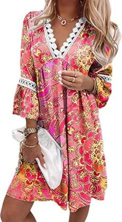 TOMWELL Robe à Fleurs Femme Été à Manche Longues Elegante Boho Robe A-Line Plissées Robe de Plage Ample Mode Col V Robe de Soirée Plage Casual Club Vacances R