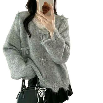 Generic QXDZSW Pull &agrave; col rond avec noeud tendance et polyvalent en tricot &agrave; manches longues, gris, 3XL