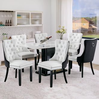 Generic Esszimmerstuhl-Set Aus Leder - Stühle Mit Hoher Rückenlehne, Knopfheftung Und Beinen Aus Massivholz(Leather-White/Black,6)