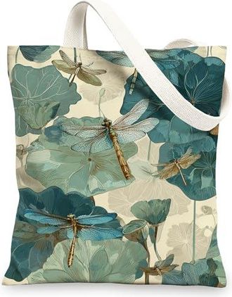 Generic Sacs fourre-tout en toile motif libellule - Réutilisables - Style vintage - Légers et lavables - Avec bandoulière, bleu sarcelle, 13x15 Inch