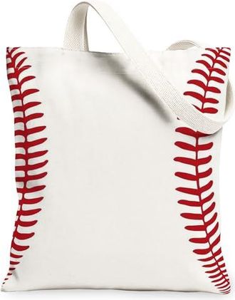 Generic Sac fourre-tout en toile de baseball avec motif Stitch de baseball, sacs d&eacute;picerie sportifs r&eacute;utilisables, l&eacute;gers et lavables en toile pour voyage, bo
