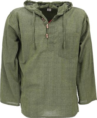 Guru Shop Nepal Hemd, Goa Hippie Sweatshirt, Yogashirt, Schlupfhemd mit Kapuze - Olive, Herren, Baumwolle, Size:XXL