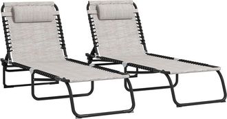OUTSUNNY Lot de 2 bains de soleil transats pliables inclinables acier lacets &eacute;lastiques noir textil&egrave;ne cr&egrave;me