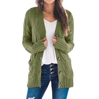 Generic Cardigan dautomne d&eacute;contract&eacute; &agrave; manches longues boutonn&eacute; sur le devant pour femme, pull &eacute;pais ouvert sur le devant, avec poches, vert militaire, XXL
