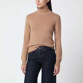 Ami Kamelfarbener Rollkragenpullover aus Kaschmir und Wolle