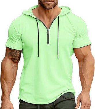 Generic T-shirt &agrave; capuche pour homme - Fermeture &eacute;clair 1/4 - Manches courtes - Pull dentra&icirc;nement - Pull de gym - Chemise muscle d&eacute;t&eacute; avec capuche - T-shirt 