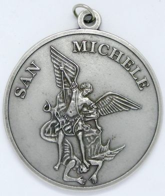 Generico 60.1069.30 Medaille San Michael Medaille 7 cm Retro Gebet mit Ring zum Aufh&auml;ngen silber