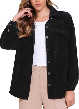 Allegra K Chemises en Velours Côtelé Femme Blouson Boutonnées à Manches Longues Coupe Ample Veste Décontractée dAutomne Noir XL