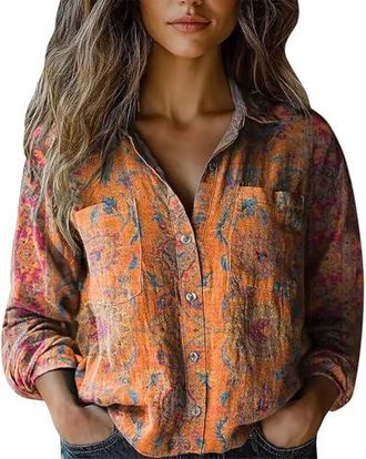 Generic Chemisier &agrave; manches longues pour femme - Col en V - Boutonn&eacute; - Style vintage - Style boh&egrave;me - Motif floral - T-shirt &agrave; manches longues - Chemisier d&eacute;t