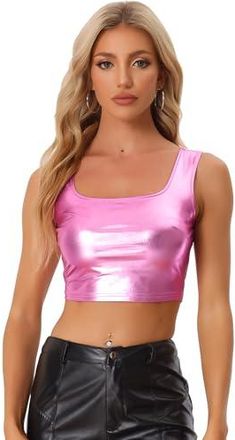 Allegra K Haut Court m&eacute;tallis&eacute; pour Femme, d&eacute;bardeur de f&ecirc;te sans Manches, Brillant, Haut &agrave; Ventre Nu Rose L