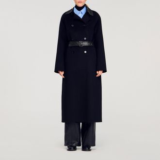 Sandro Langer Mantel aus Wolle und Leder