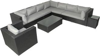 Concept Usine | Salon de Jardin Panoramique 8 Places SALENTO 2 en Résine Tressée Noire | 2 Tables + Fauteuil | Coussins Gris Déperlants Ultra Confort | Structure Al