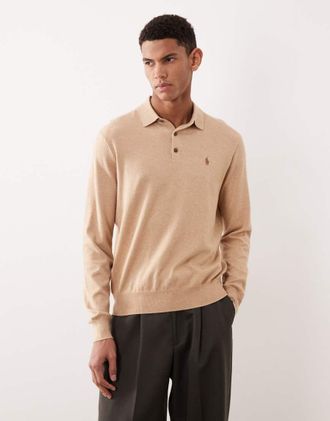 Polo Ralph Lauren Pull en coton &agrave; col polo et logo embl&eacute;matique - Camel chin&eacute;-Neutre