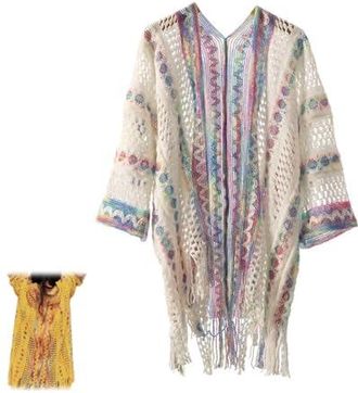 Generic Poncho boh&egrave;me hippie style arc-en-ciel crochet dentelle poncho surdimensionn&eacute; femme tricot vintage ethnique pompon ray&eacute; poncho ch&acirc;le, blanc, Taille un