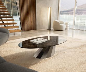 DELIFE Couchtisch Edge Oval 140x80 cm Keramik Emperador Extra Lucidato Dunkelbraun Parabi Edelstahl geb&uuml;rstet, Couchtische
