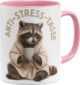 OM3 Waschb&auml;r Anti-Stress Kaffee-Tasse mit Spruch - Lustige Raccoon Keramiktasse mit Bademantel - Keramik Becher - 325ml - Beidseitig Bedruckt - Rosa