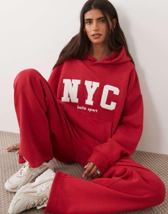 KAIIA Oversize-Hoodie im Set mit gesticktem NYC-Logodetail in Rot und Wei&szlig;