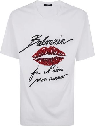 Balmain Homme, Tops, Blanc, Taille: XS Sequin Lips T-Shirt
