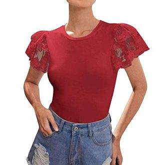 Janly T-shirt noir simple pour femme col rond en dentelle &agrave; manches courtes pour les tenues d&eacute;t&eacute; d&eacute;contract&eacute;es look d&eacute;contract&eacute; femme col en V avec manches 
