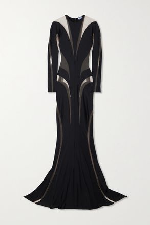 MUGLER Maxikleid Aus Stretch-jersey Mit T&uuml;lleins&auml;tzen - Schwarz