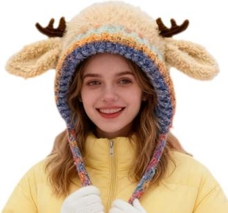 Generic Chapeau dhiver en forme de cerf - Bonnet tricot&eacute; coupe-vent de 30,5 cm, motif bois de cerf de No&euml;l, doublure en polaire thermique | Couvre-chef de vac