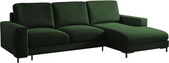 Selsey Selsey MOKPEO - Ecksofa mit Schlaffunktion, Bettkasten und schwarzen F&uuml;&szlig;en, 244 cm breit (Veloursbezug Flaschengr&uuml;n, Ottomane rechts)