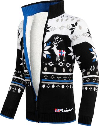 Nebulus Herren Norweger Strickjacke SVERRE, gefütterte Jacke, mit Reißverschluss, schwarz-offwhi - XXL