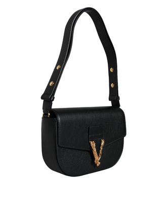 Versace Womens Black Grainy Calf Leather Logo Crossbody Shoulder Bag