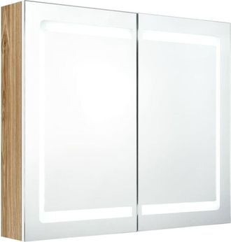 vidaXL Vidaxl - Armoire murale de salle de bain &agrave; miroir LED 80x12x68 cm - MDF m&eacute;lamin&eacute; blanc et ch&ecirc;ne - 2 portes et 3 &eacute;tag&egrave;res pour rangement