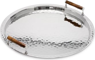 Edzard Serviertablett Hugo, Edelstahl vernickelt mit Bambusgriffen, rund, Durchmesser 55 cm