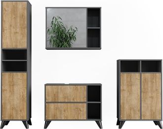 Vicco Badmöbel-Set Anthrazit/Bergeiche Leano, bestehend aus Badspiegelschrank, Waschbeckenunterschrank, Midischrank, Hochschrank - Viel Stauraum Oben und un