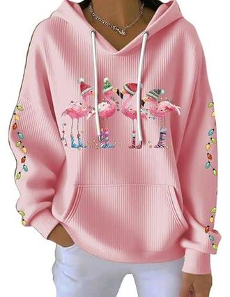 Generic Sweat &agrave; capuche de No&euml;l &agrave; manches longues avec cordon de serrage pour femme, rose, XXL