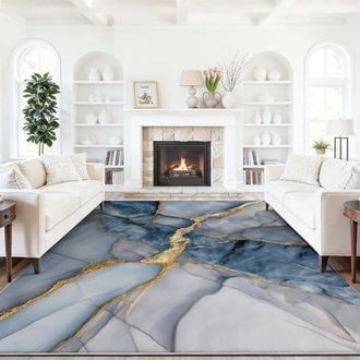 Generic Moderne Antid&eacute;rapant Tapis Bleu Gris - Doux R&eacute;sistant Lavable en Machine Tapis &agrave; Motif Abstrait Marbre Texture Poil Ras Moquette pour Salon Chambre Cu