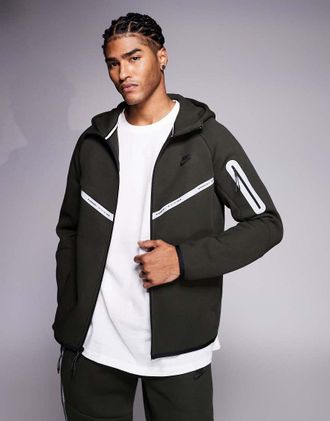 Nike Tech Fleece - Sweat &agrave; capuche zipp&eacute; &agrave; d&eacute;tails r&eacute;fl&eacute;chissants - Vert fonc&eacute;-Gris