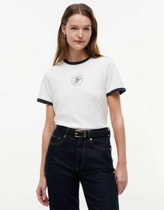 Tommy Hilfiger Ringer-T-Shirt in Wei&szlig; mit Logostickerei