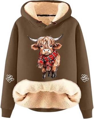 Generic Sweat &agrave; capuche &agrave; manches longues avec cordon de serrage doubl&eacute; en polaire pour femme Motif vache Highland, bronze, 4XL