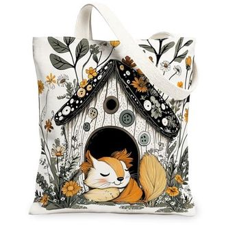 Generic Sac fourre-tout en toile motif &eacute;cureuil printanier pour faire du shopping, 33 x 38,1 cm, maison amusante et r&eacute;utilisable, motif imprim&eacute; floral, sac d&eacute;