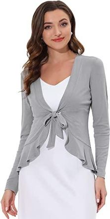 Allegra K Cardigan Court en Tricot &agrave; Ourlet volant&eacute; et nou&eacute; sur Le Devant pour Femme Costume dhalloween Gris Clair XL