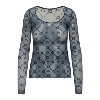 Marine Serre Femme, Tops, Bleu, Taille: 42 FR Moonogram Mesh Flock Top &agrave; Manches Longues et Col Rond