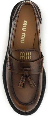 Miu Miu Womens Leather Tassel Loafers Burnt Brown Calf