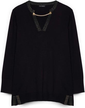 Fiorella Rubino Femme, Pulls, Noir, Taille: 40 FR Pull &agrave; col en V avec d&eacute;tail de cha&icirc;ne