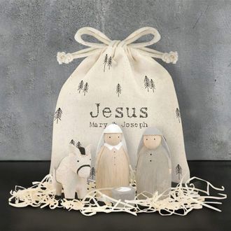 East of India Handgefertigtes Jesus-Taschen-Set aus Holz mit Maria und Joseph-Figuren