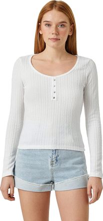 Koton Damen Long Sleeve Button Detail T-Shirt, White (000), XS EU
