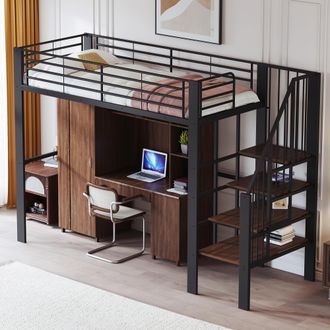 Generic Hochbett 90x200 Jugendbett Schwarz Metallbett mit Treppe Stabiles Stauraumbett f&uuml;r Jugendliche Hohes Loft Bett 90x200 Nische f&uuml;r Schreibtisch ohne Mat