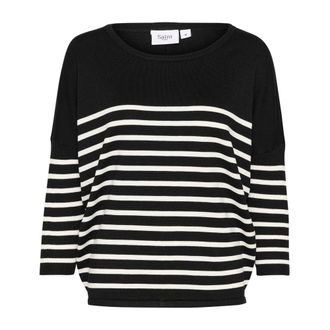 Saint Tropez Pull &agrave; Rayures Col Rond - Femme - Pulls - Noir - Taille: 46 FR