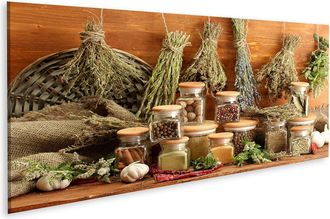 Islandburner Wandbild auf Leinwand Kr&auml;uter und Gew&uuml;rze in Gl&auml;sern f&uuml;r die K&uuml;che - Panorama
