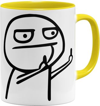 OM3 Internet Troll Flip Off Meme Kaffee-Tasse mit Mittelfinger - Keramik Becher - 325ml - Beidseitig Bedruckt - Gelb