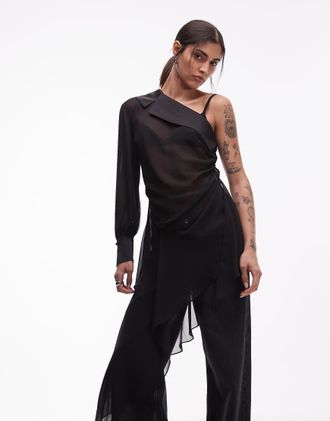 AllSaints Anaya - Asymmetrisches Oberteil in Schwarz mit R&uuml;schen