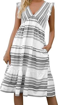 Generic Robe boh&egrave;me 2026 pour femme - Jupe de g&acirc;teau ray&eacute;e boh&egrave;me - Robe d&eacute;t&eacute; tendance &agrave; col en V, gris, L